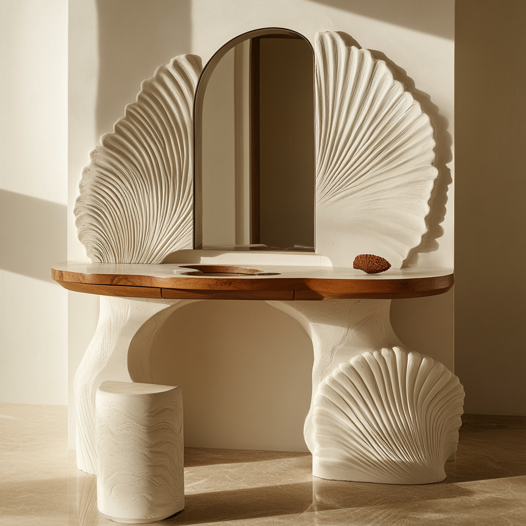 Seashell-inspired vanity with sculpted base and elegant mirror arch ...