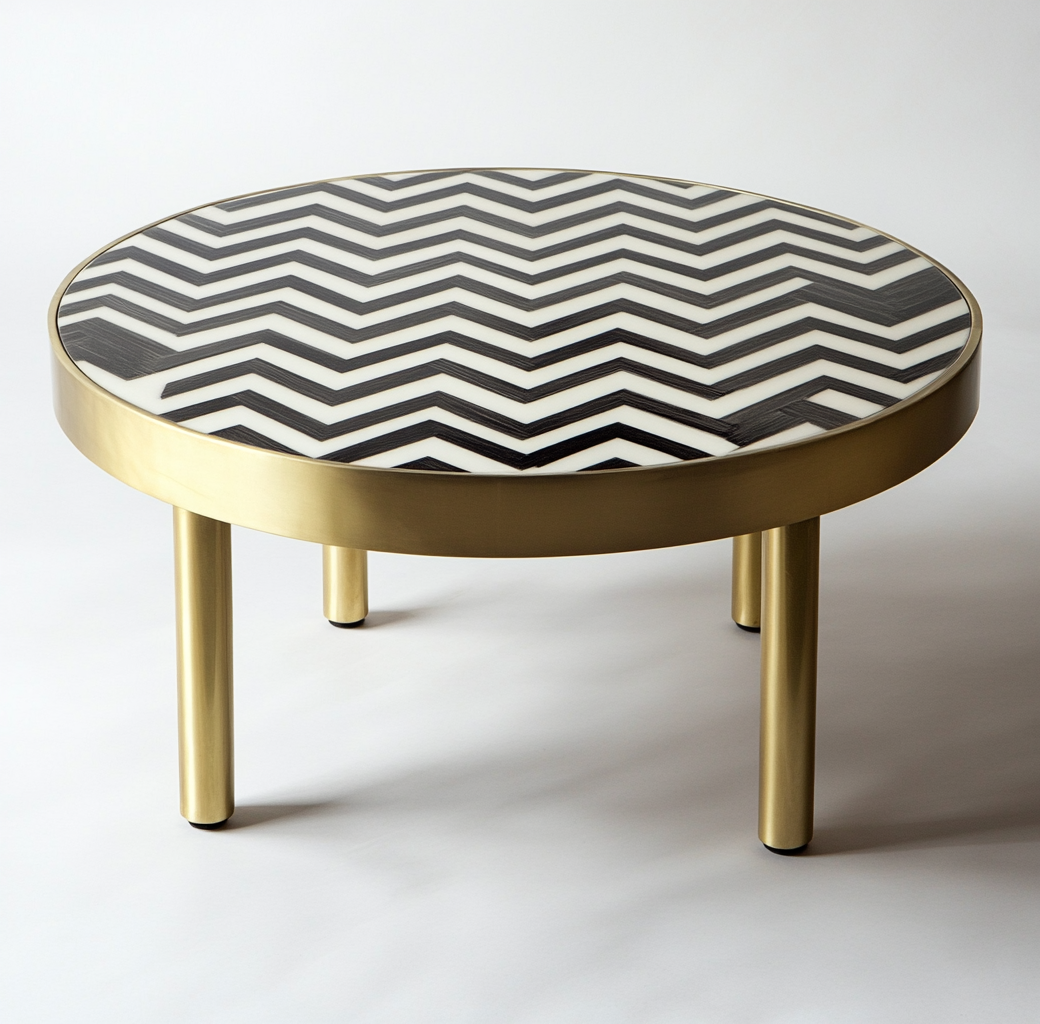 Handmade round brass coffee table with black and white bone in lay ...
