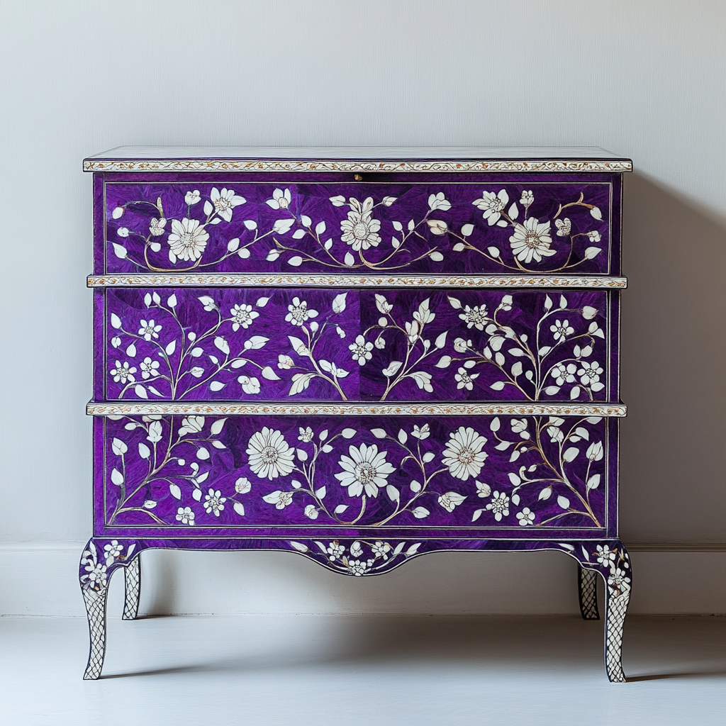 Handmade purple chest with white floral bone inlay and curved legs ...